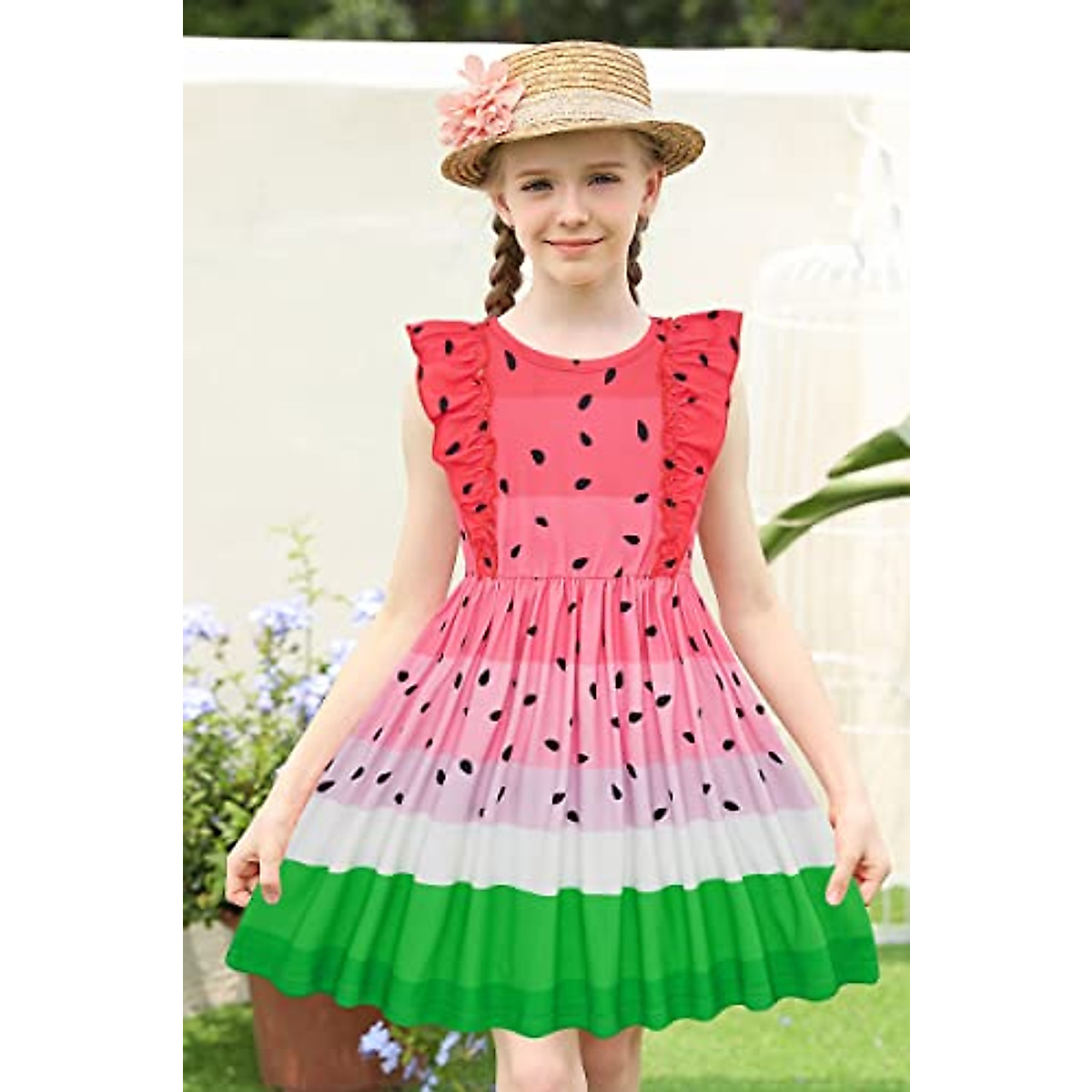 Goodstoworld Little Girls Dress Size 5 6 Toddler Summer Watermelon Beach Dresses 5T 6T Girl Kids Pink Ruffle Sleeveless Graduation Sundress Cute Casual Outfits Fruit Strechy Frocks