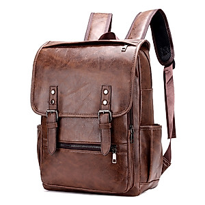Men's Business Travel Backpack Vintage PU Leather Large Capacity Bookbag 15.6 inch Laptop Daypacks (B/Brown)