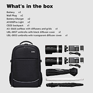 GODOX AD300 Pro Godox AD300Pro Godox Flash, TTL 2.4G HSS 1 / 8000s Outdoor Flash with 2600mAh Lithium Battery, 0.01-1.5S Recycle Time,320 Full Power Flashes, with Backpack/AD-S60S Softbox/Two Umbrella