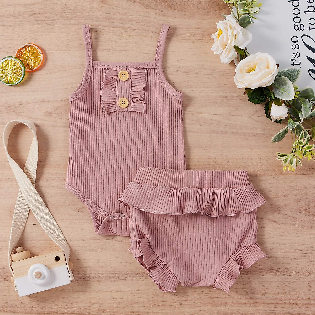 Dimoybabe Baby Girl Summer Clothes Bloomer Knit Cotton Outfits Infant Romper Strap Sleeveless Ruffle Light Pink 3-6 Months 80CM