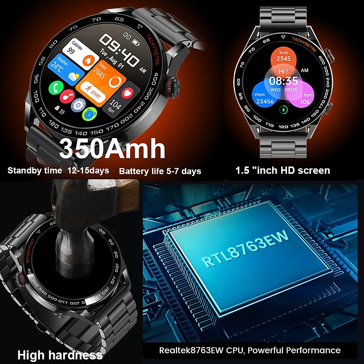 paazomu Men Smart Watch for Android iOS, Bluetooth Call with Heart Rate/Sleep Monitor Fitness Tracker, 1.46" Full Touch Screen IP67 Waterproof Stainless Steel Business Activity Tracker for Men