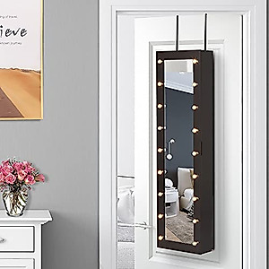 HOMCOM Jewelry Armoire with Mirror and 18 LED Lights, Wall-Mounted/Over-The-Door Cabinet with 3 Mountable Heights, Dark Walnut