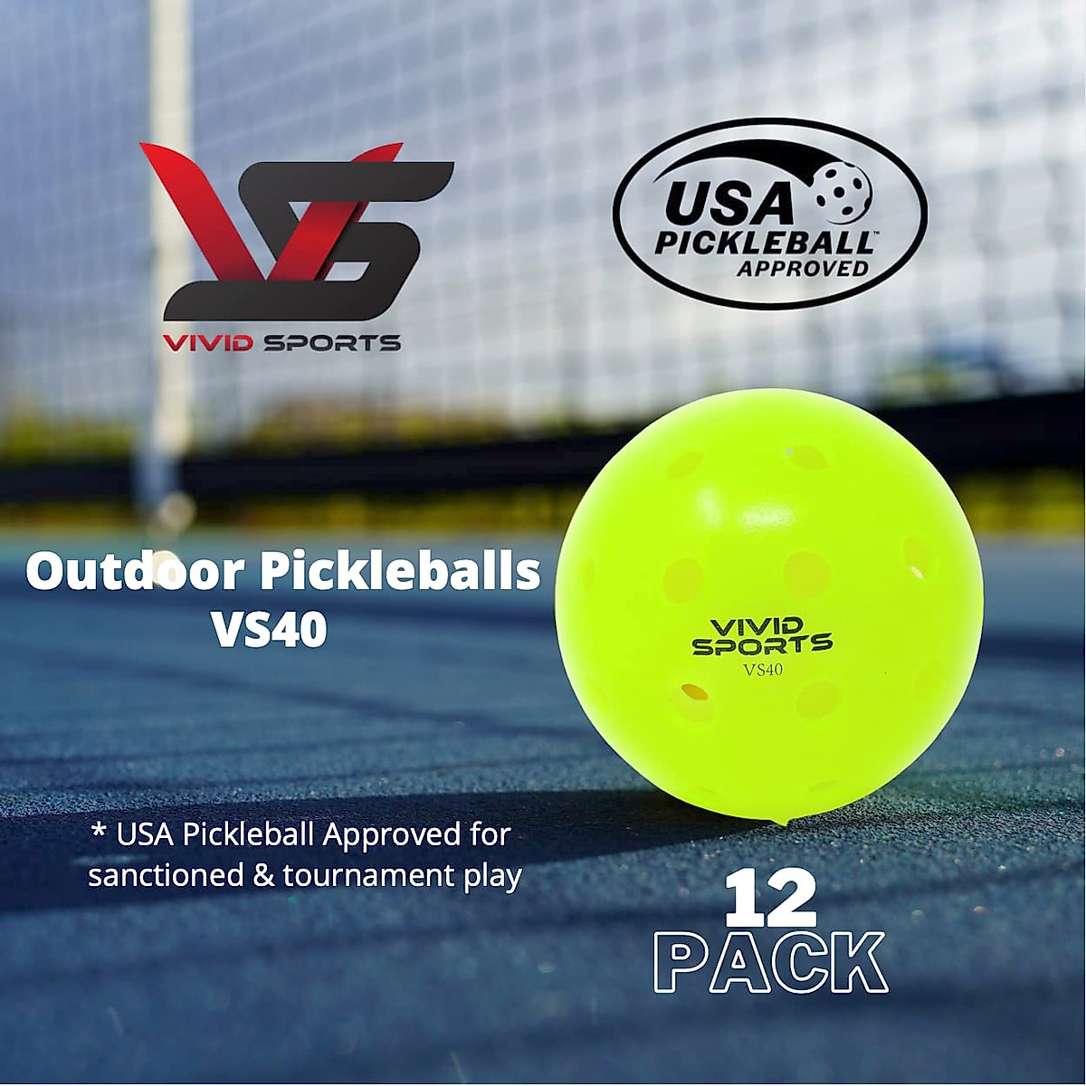 Vivid Sports Outdoor Pickleballs | 12 Pack | 6 Pack | USA Pickleball Approved & Sanctioned for Tournament Play, Pickleball Balls with Mesh Carry Bag