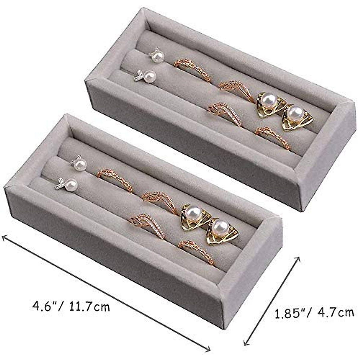 DesignSter Small Jewelry Tray, 2PCS Ring Organizer, Velvet Jewelry Display Tray, Stackable Jewelry Organizer Trays, Jewelry Drawer Organizer Inserts For Dresser, Jewelry Box (Gray)