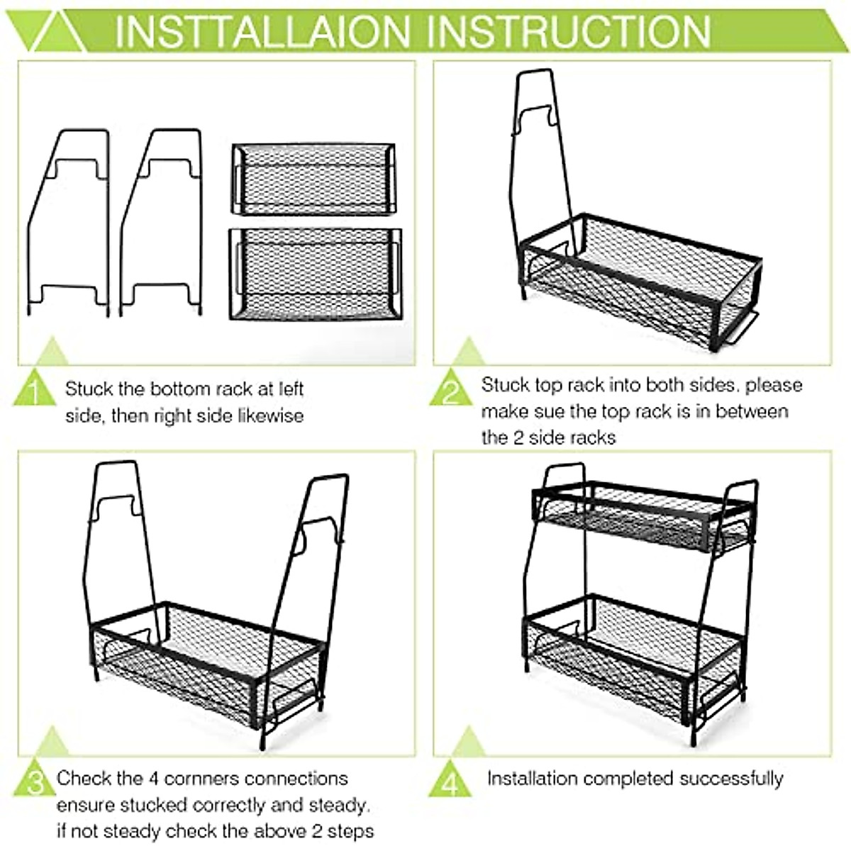 Spice Rack Organizer for Countertop, 2 Tier Metal Foldable Non-Slip Countertop Organizer, Countertop Spice Rack for Kitchen Bathroom Countertop(Black)