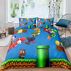 Gvaolleip Full Japanese Characters Marios Bedding Sets Duvet Cover Bros Galaxy Super Star Games Soft Microfiber 3 Pieces Bed Set Collection, No Comforter Blue 02