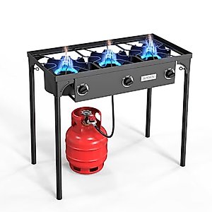 ROVSUN 3 Burner High Pressure Outdoor Camping Burner, 225,000 BTU Propane Gas Stove with CSA Listed Regulator, Picnic Cooker Perfect for Home Brewing Maple Syrup Patio Turkey Frying Canning