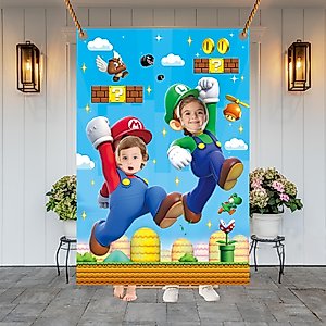 Super Bros Party Decoration Super Bros Photo Door Banner Large Fabric Face Photography Banner Background for Super Bros Theme Party Favor Supplies