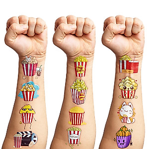 100 PCS Popcorn Corn Movie Night Themed Temporary Tattoos Birthday Party Decorations Favors Supplies Cute Circus Fake Tattoo Stickers Party Gifts for Children Girls Boys Home Activity School Rewards