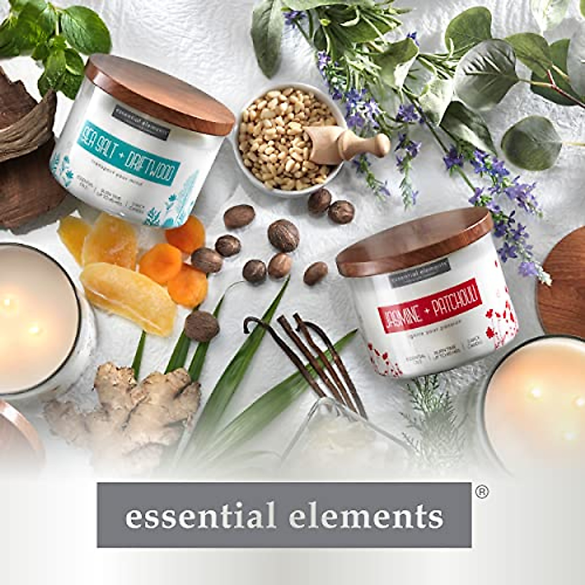 Essential Elements by Candle-lite Scented Candles, Jasmine & Patchouli Fragrance, One 14.75 oz. Three-Wick Aromatherapy Candle with 45 Hours of Burn Time, Off-White Color