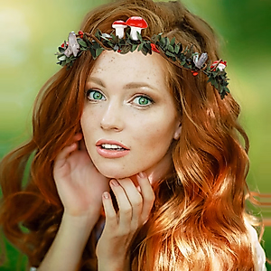 MOSTORY Fairy Flower Mushroom Crown - Elf Woodland Crown Headpiece Red Mushrooms Circlet with Raw Quaz Forest Tiara for Girls Renaissance Cosplay Carnival Photo Shoot
