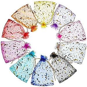 200 Pcs Moon Stars Drawstring Organza Bags Candy Jewelry Bags Organza Favor Gift Wrap Bags 4 x 6 Inch Assorted Colors Sheer Organza Mesh Pouch for Christmas Wedding Birthday Party