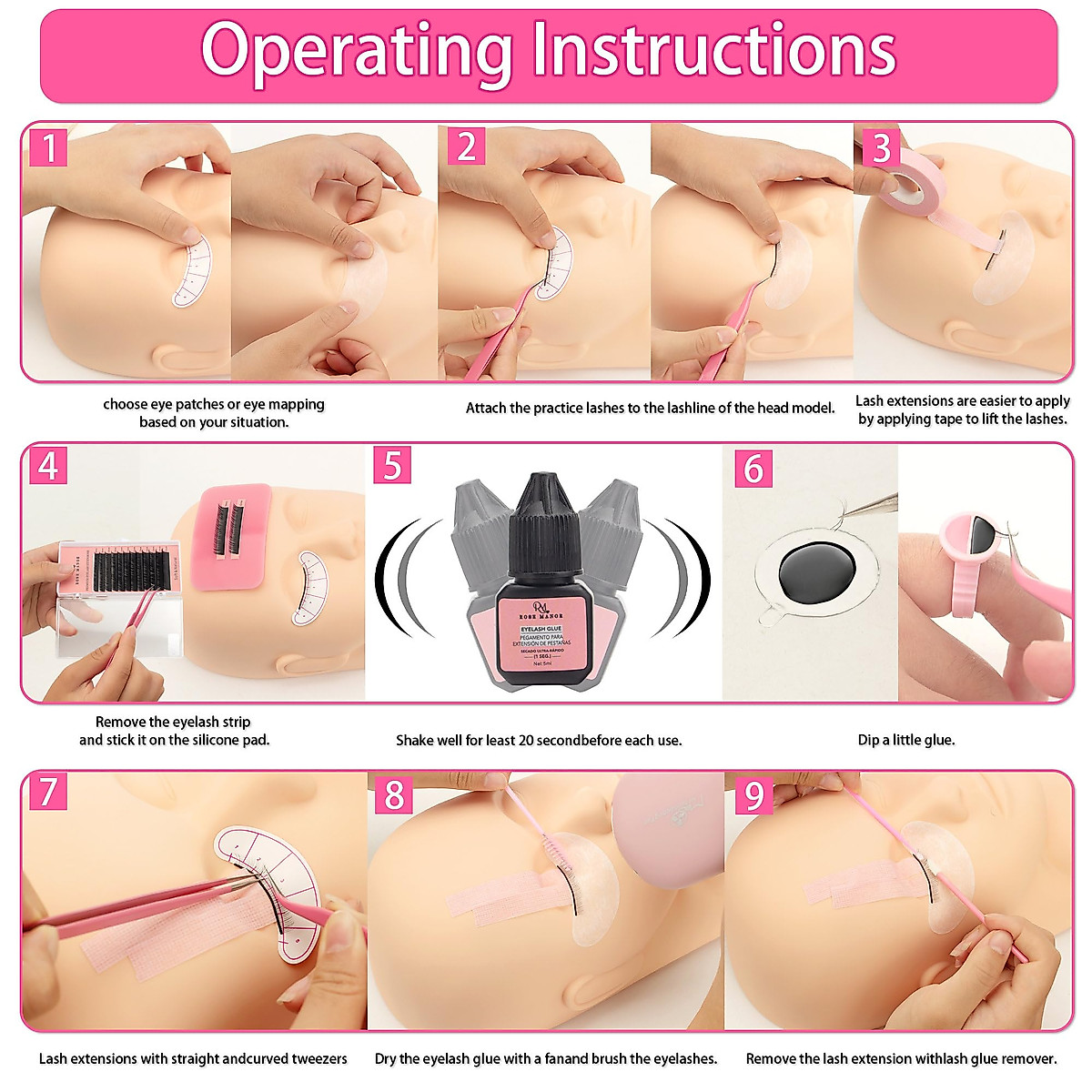 Rose Manor Lash Eyelash Extension Kit, Lash Kit for Eyelash Extension Beginners, with Mannequin Head, Individual Lash Glue, Eyelash Remover, Fan, Lash Extension Supplies Tools for Practice Training