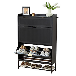 affeivul Hidden Shoe Cabinet for Entryway Slim, Free Standing Narrow Shoe Rack Cabinet Rattan Carving, 2 Flip Drawer Shoe Storage Organizer Cabinet for Closet,Door,Dorm,Garage,Small Spaces - Black