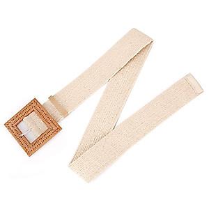 Women Belts For Dresses, Elastic Straw Rattan Waist Band With Large Buckle