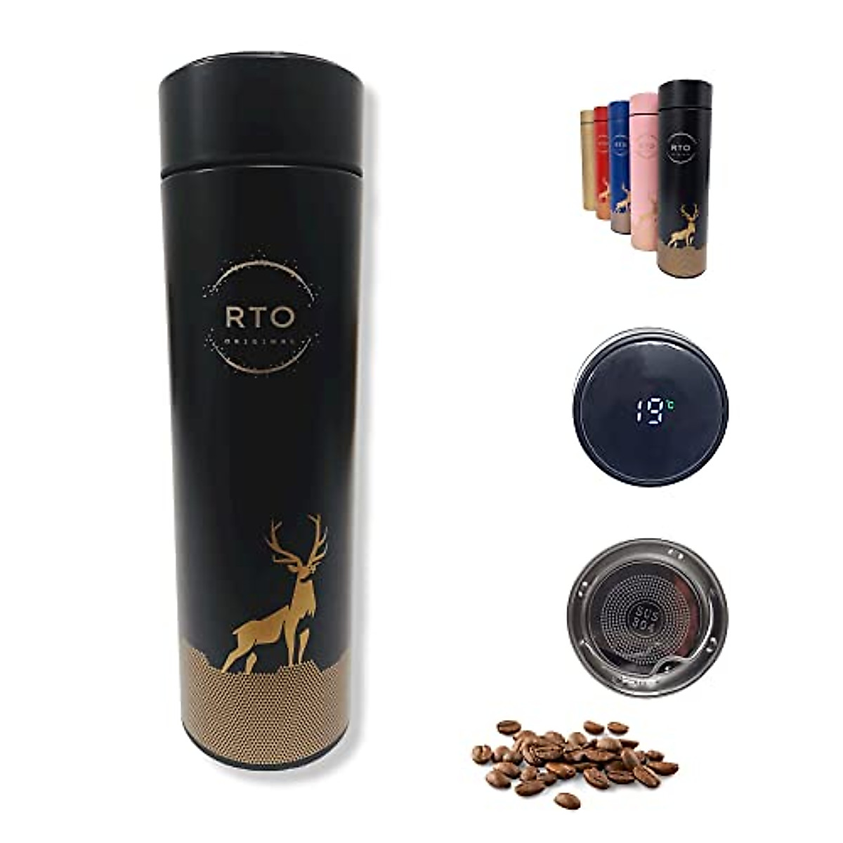 RTO Original Smart Thermos For Cold & Hot Drinks with Tea Infuser, Insulated Bottle with LED temperature Display | Spill & Leak Proof with Double Wall Stainless Steel (Black, 16 oz)