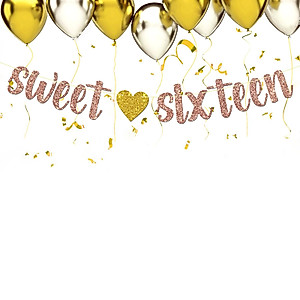 Maicaiffe Rose Gold Glitter Sweet Sixteen Banner - Happy 16th Birthday Banner - 16th Birthday Party Decorations for Girls - Sixteen Years Old Decorations