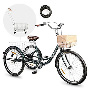 Viribus 24" or 26" Adult Tricycle with Removable Wheeled Basket, Single Speed Cargo Cruiser Trike Bike with Front Basket and Dustproof Bag, Three Wheel Bike for Shopping, Mens or Womens Tricycle