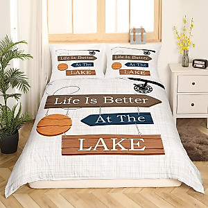 Castle Fairy Lake Themed Bedding Set King Size for Woman Men,Life is Better at The Lake Comforter Cover with 2 Pillowcases,Lake Fishing Country Wooden Board Duvet Cover Set Microfiber Quilt Cover