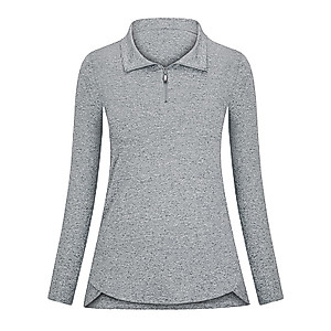 Koscacy V Neck Top Women, Golf Tennis Shirt Breathable Zipper Running Workout Outdoor Tops Yoga Biking Daily Casual Wear Aline Soft Shirts Light Grey XX-Large