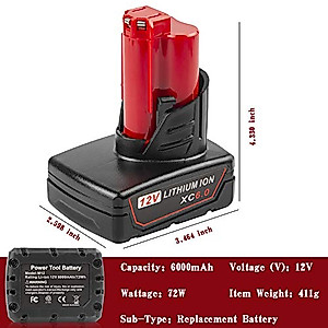 HIGH QUALITY FUTUREBATT FUTUREBATT [1-Pack] 6.0Ah (6000mAh) 12V Upgraded Version M12 Battery for Milwaukee M12 Battery LI-ION Power Tools 48-11-2401 48-11-2402 48-11-2410 48-11-2411 48-11-2420