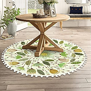 Uphome Round Throw Rugs for Bedroom 4' Circle Cute Area Rug with Pom Poms Fringe Floral Plant Washable Non-Slip Soft Floor Mats for Entryway Laundry Living/ Kids Room Nursery, Green