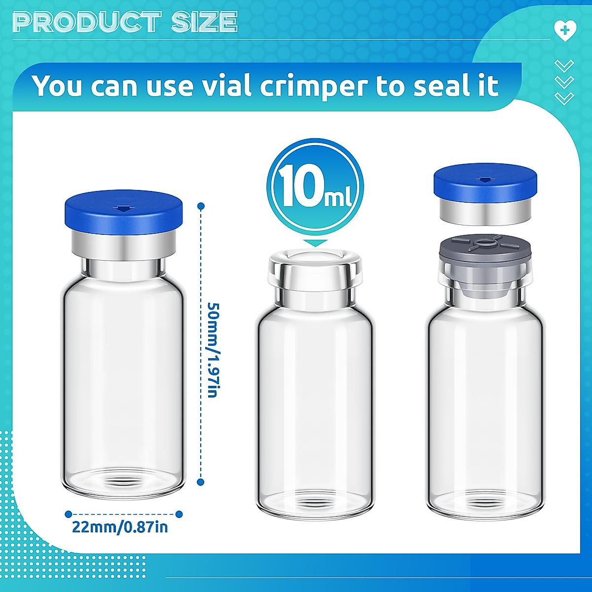 Lallisa 50 Pack Glass Vials Clear Glass Headspace Vials with Plastic-Aluminum Flip Caps and Rubber Stoppers Flat Bottom Lab Vial Sealed Sample Vials