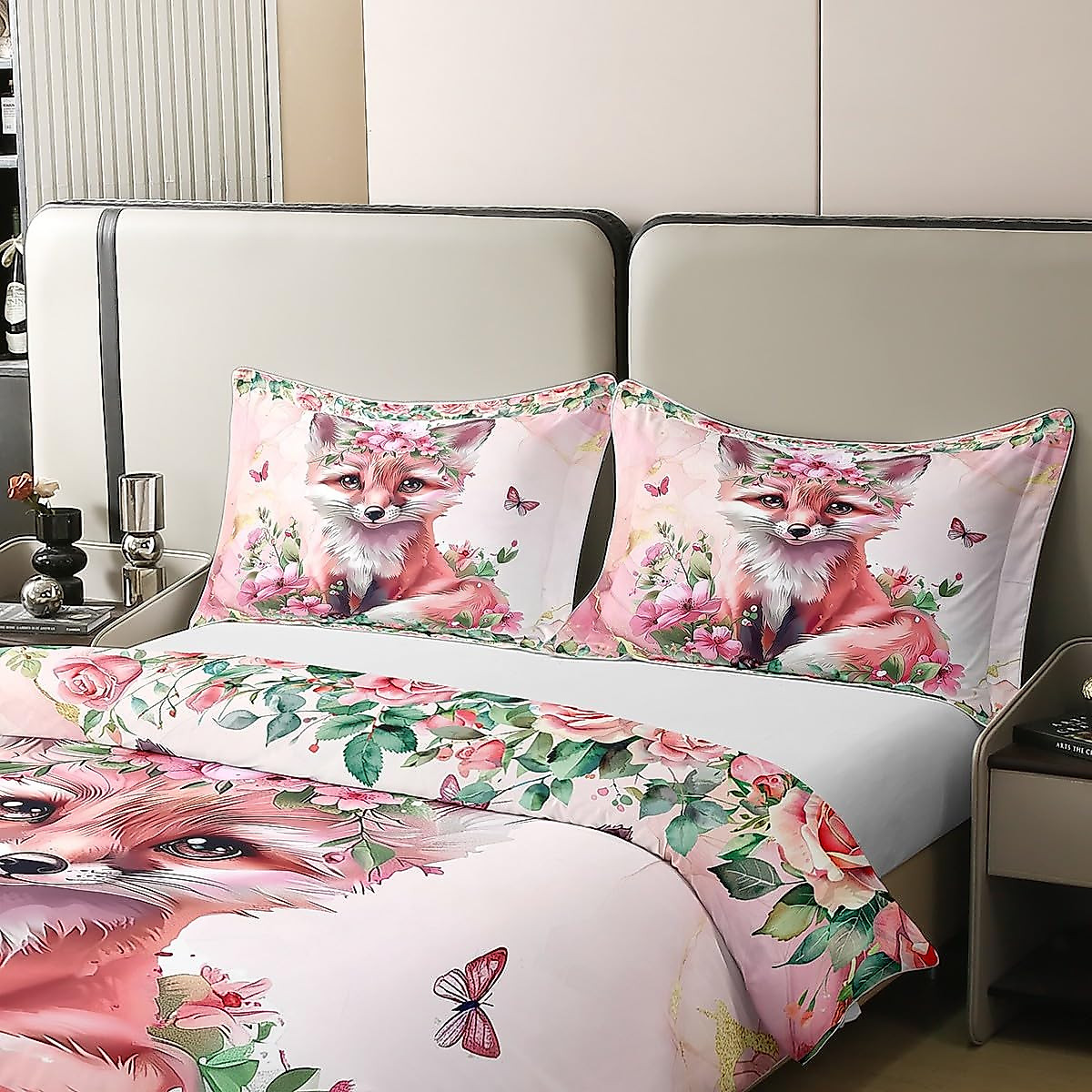 Watercolor Fox 100 Percent Cotton Bedding Set Full Size Cute Jungle Wildlife Duvet Cover Romantic Rose Butterfly Comforter Cover Pink Golden Marble Bedspread Cover with 2 Pillowcases