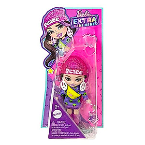 Barbie Extra Mini Minis Doll with Brunette Hair, Alien Sweater Dress & Peace Sign-Themed Accessories & Stand, 3.25-inch
