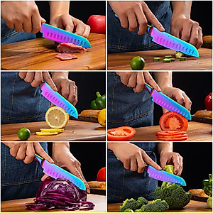 WELLSTAR Santoku Knife 5 Inch, Super Sharp German Steel Kitchen Cooking Knife with Comfortable Handle and Rainbow Coating for Slicing Dicing and Mincing of Meat Vegetables and Fruits for Small Hand