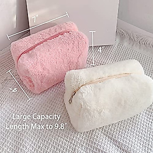 REFRASE LIFE Cute Pencil Case, Furry Pencil Pouch, Small Plush Makeup Bag in Macaron Colors, Cosmetic Travel Zipper Bag, Multi-function Purse, Aesthetic School Stationary, Study Supplies (White)