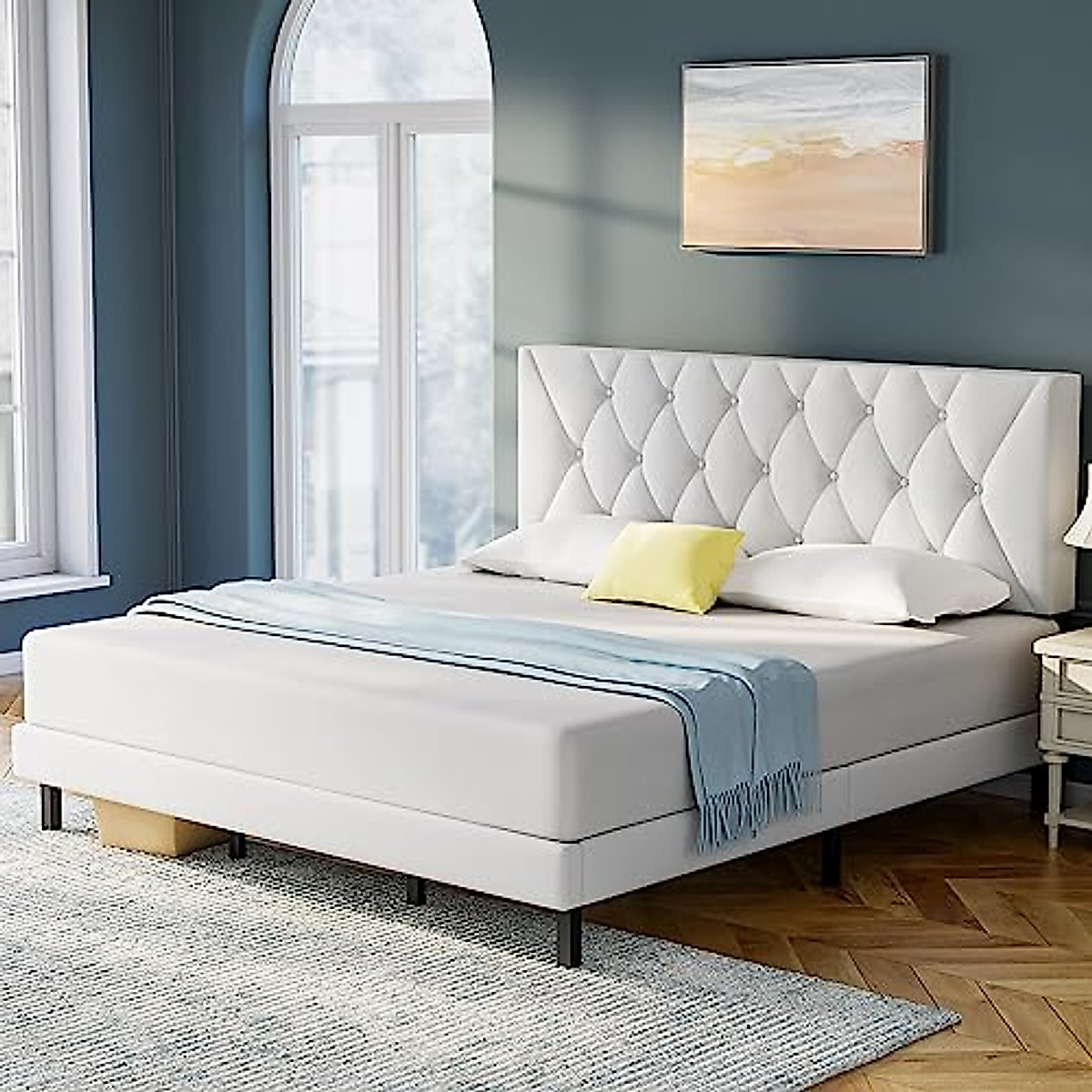 Molblly King Size Bed Frame with Adjustable Headboard, Linen Fabric Wrap, Strong Frame and Wooden Slats Support, No Box Spring Needed, Non-Slip and Noiseless, Easy Assembly, Off-White
