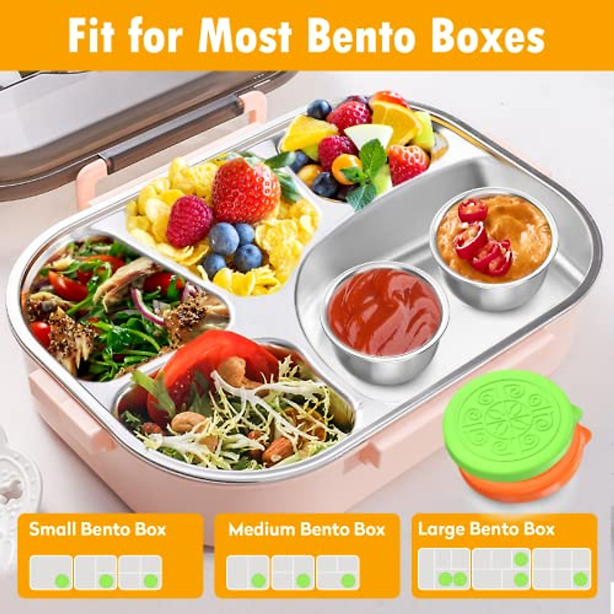 Stainless Steel Condiment Containers with Lids, 4 x1.7 oz Salad Dressing Container To Go, Leakproof Reusable Sauce Container with Silicone Lids, Small Dipping Sauce Cups for Lunch Box Picnic Travel