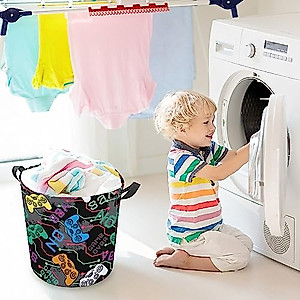 HoaMoya Collapsible Colorful Joysticks Gamepad Laundry Basket Cool Gamer Slogan Freestanding Laundry Hamper With Handles Large Waterproof Cloth Toy Storage Bin for Household Bedroom Bathroom