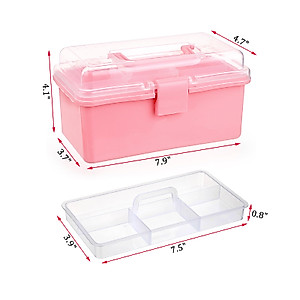 BTSKY Small Plastic Storage Box with Lid 7.9"x3.7"x4.1" Art Supply Storage Organizer with Handled Removable Tray Multi-use Small Storage Container Portable Sewing Box for Art & Sewing Supplies, Pink