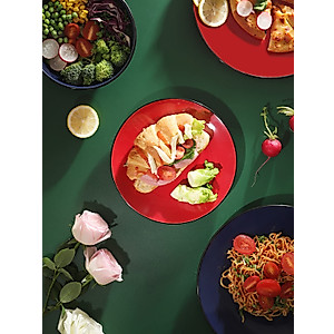 Bestone 16 Piece Round Kitchen Dinnerware Set,Plates and Bowls sets,Dishes, Dinner Plates, Cereal Bowls Set，Bowls, Mugs, Dish Set，Plates and Bowls,Service for 4, Stoneware Dinnerware,Red and Black