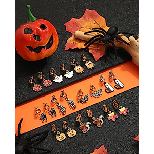 16Pairs Halloween Christmas Clip on Earrings Dangle for Women Teen Christmas Tree Snowflake Snowman Spooky Ghost Pumpkin Bat Cat Squirrel Maple Leaf Thanksgiving Fall Earrings Holiday Jewelry (Holiday Earrings)