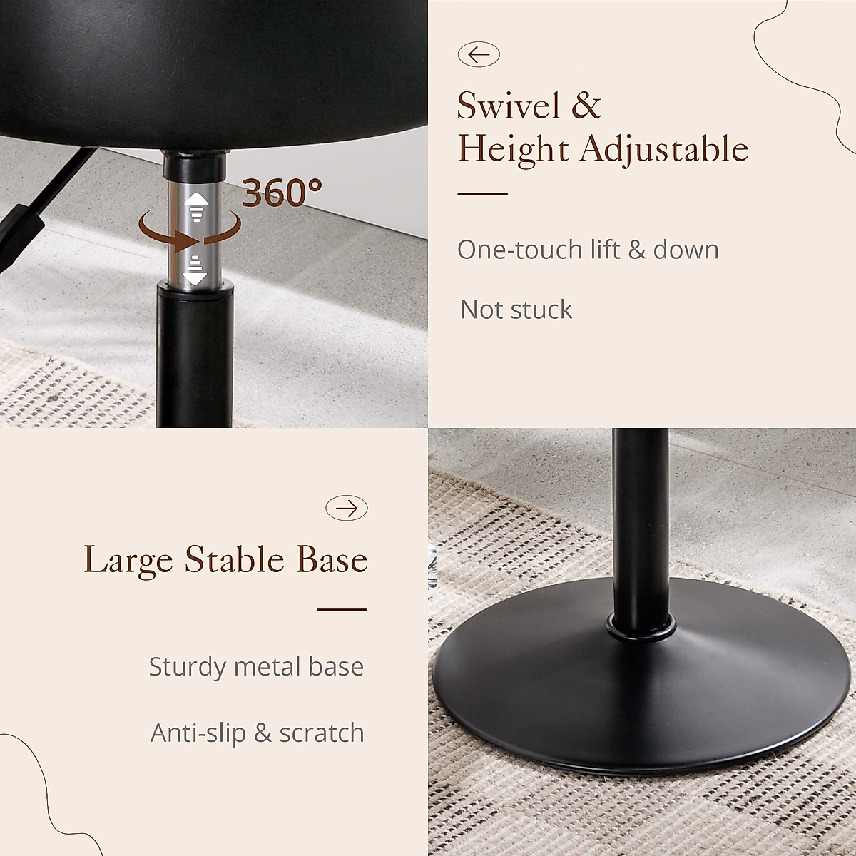 LUE BONA Adjustable Vanity Stool, 360°Swivel Vanity Chair Stool for Makeup Room, Black Stool Chair for Vanity, Small Faux Leather Vanity Stool for Bathroom, Living Room
