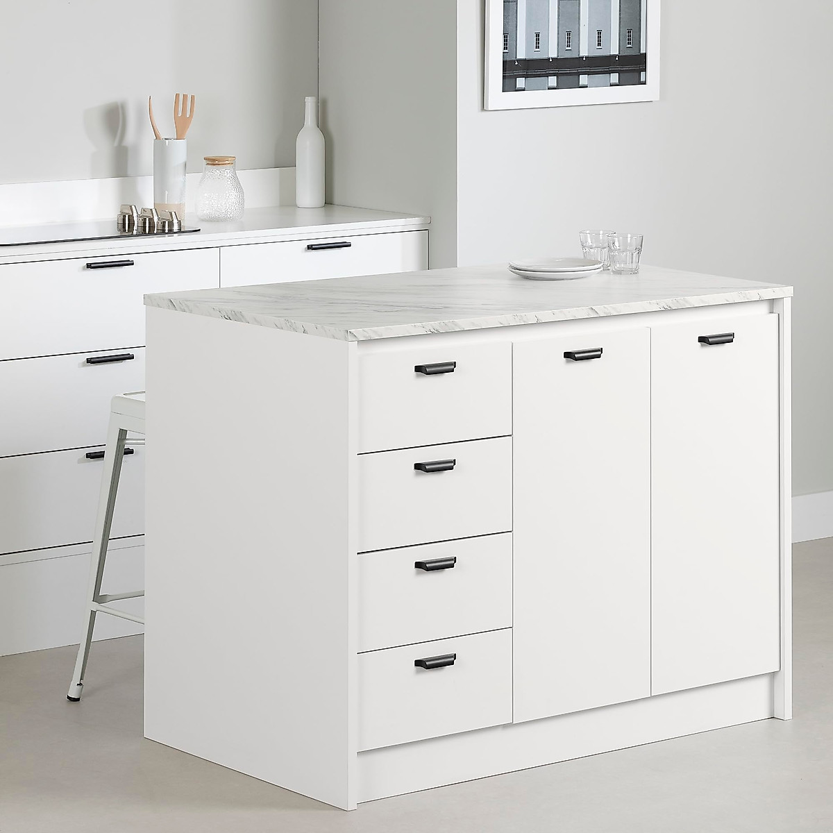 South Shore Amaro Kitchen Island with Storage, White Marble and White