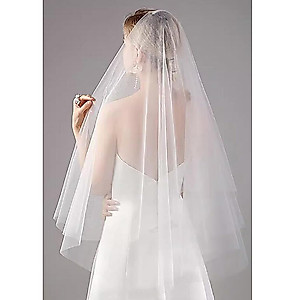 Fangsen Wedding Bridal Veil with Comb 2 Tier Tulle Short Wedding Veil Fingertip Length （ 2T Fingertip Light Ivory）