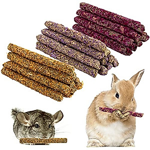 MEWTOGO 30Pcs Natural Timothy Hay Sticks, 3 Different Flowers Timothy Molar Rod, Hay Chewing Stick Chew Treats for Rabbits Chinchilla Hamsters Guinea Pigs Gerbils Groundhog Squirrels