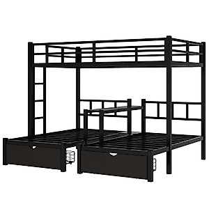 Full XL Over Twin Over Twin Bunk Bed for 3 Kids, Heavy Duty Triple Bunk Bed with Storage Drawers, Shelf, Guardrails and Ladder, Full XL Over Twin Over Twin Triple Bunk for Kids, Teens, Black