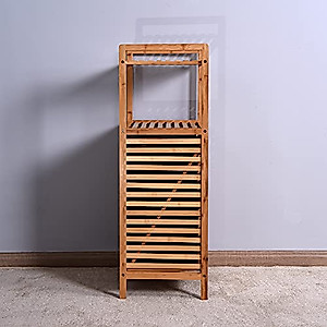 Tilt Out Laundry Hamper Cabinet with 2-Tier Storage Shelves, Removable Clothes Basket with Easy Carry, Bamboo Tower Hamper Organizer for Bathroom, Bedroom, Laundry Room, Closet, Nursery