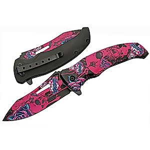 SZCO Supplies 8.5” Pink Rose Skull Liner Lock EDC Folding Knife With Pocket Clip