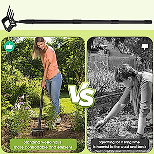 INFLATION Hoe Garden Tool for Weeding,Stirrup Hoe and 4 Tines Rake 2-in-1 Gardening Tool,Long Handle Hula Hoe for Garden,Lawn,Vegetable Garden Loose Soil,Weeding and Planting