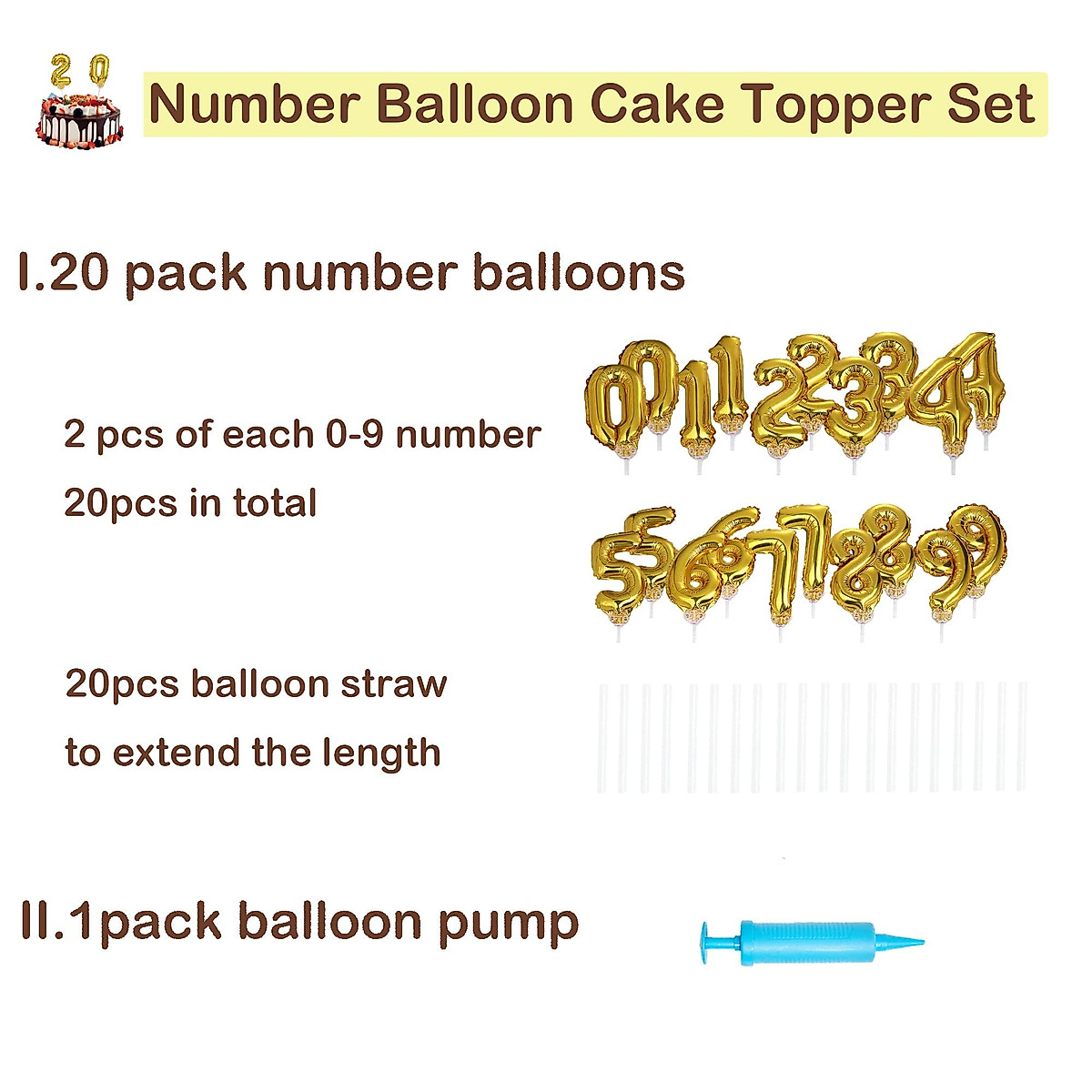 Cake Topper Mini Number Balloon with Mini Balloon Pump for Birthday Anniversary Valentine's Day Baby Shower Party Reusable Decorations 21 Pack