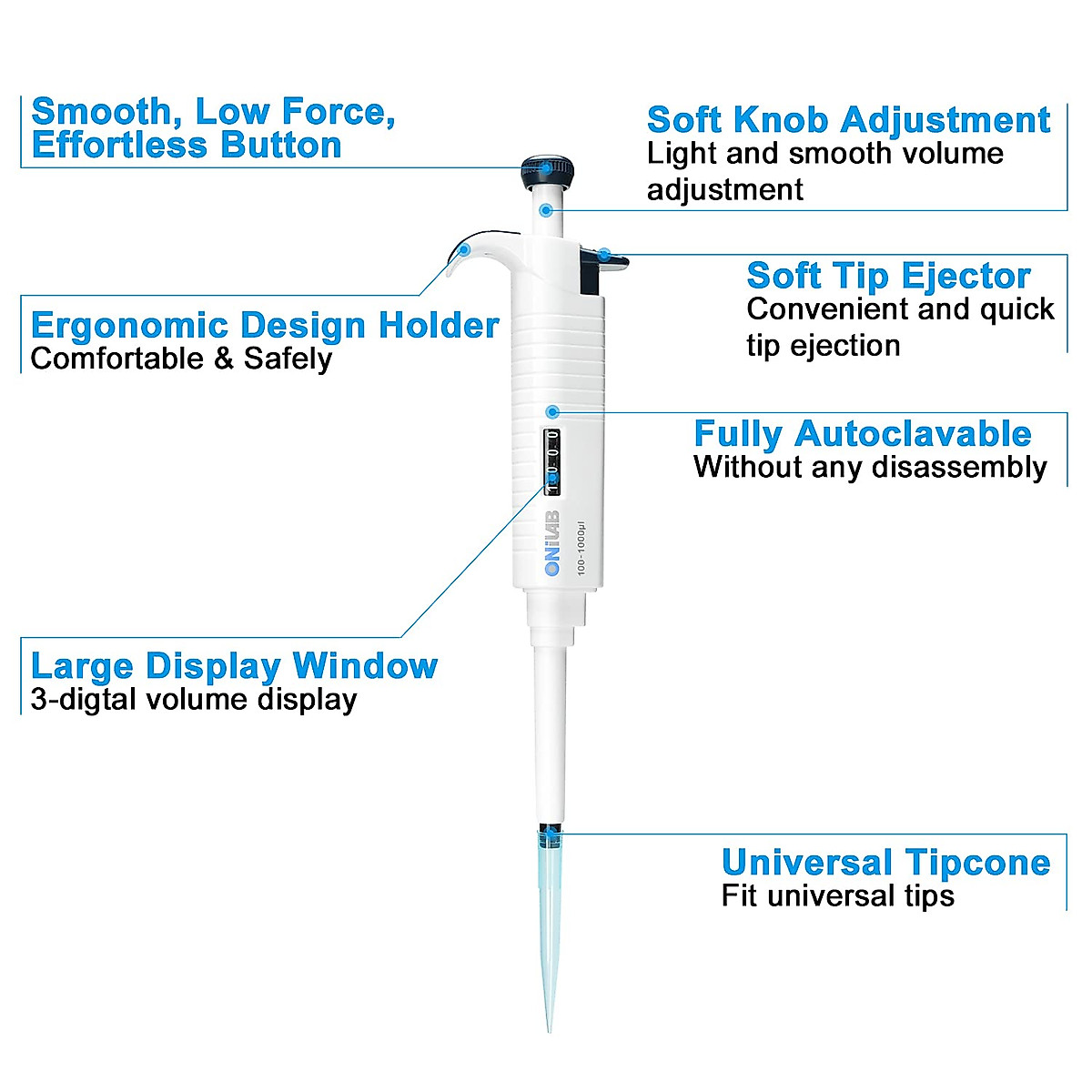 ONiLAB Lab Micropipette, Single Channel Pipette,Adjustable Volume Pipette, Micro Pipettes, High Precision Pipettor,Fully Autoclavable,100-1000ul