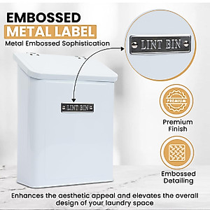 Embossed Magnetic Lint Bin For Laundry Room | Modern Farmhouse Laundry Lint Bin | Lint Trash Can For Laundry Room | White Lint Bin For Laundry Room Magnetic | Space Saving Storage Laundry Bin with Lid