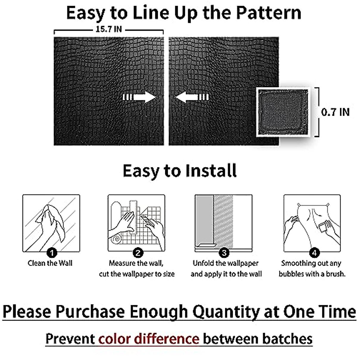 Black Peel and Stick Wallpaper, 15.7" X 118" Crocodile Wallpaper Embossed Easy Peel off Wallpaper Self Adhesive Removable Contact Paper Textured Wallpaper for Cabinet Bedroom with Knife Tape Measure