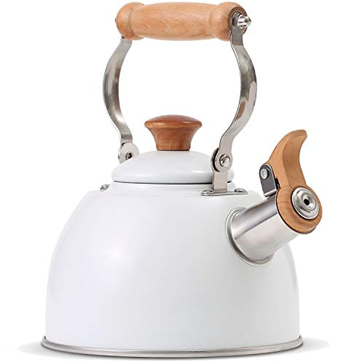 ROCKURWOK Whistling Tea Kettle, 1.6 QT / 50 OZ, White Teapot, Universal Base for Induction | Gas | Electric | Halogen | Radiant, Wooden Handle, Vintage